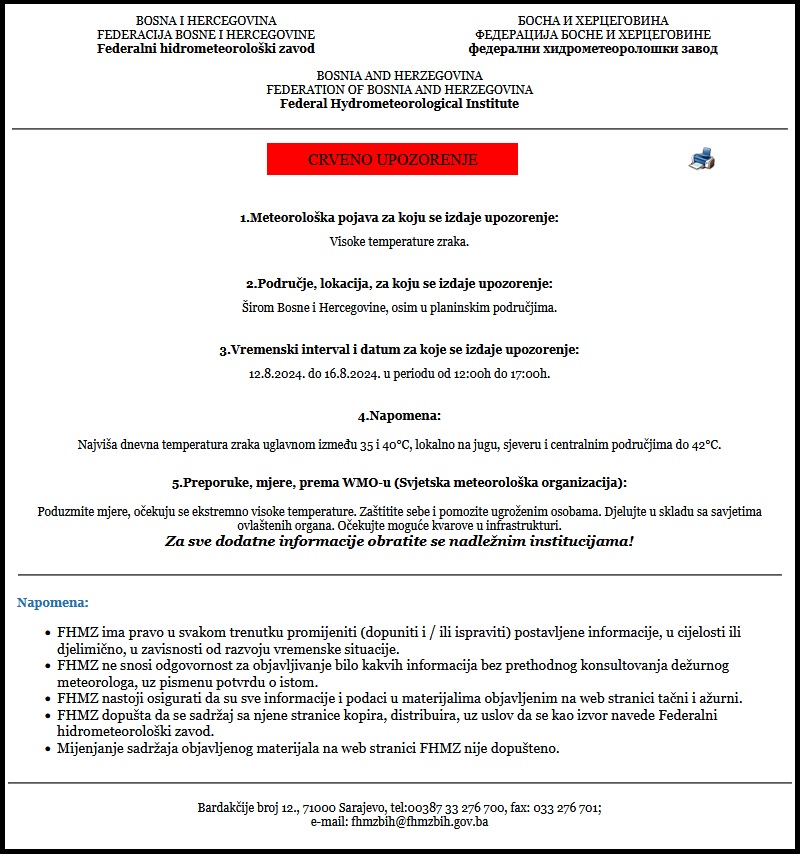 CRVENO UPOZORENJE NA VISOKE TEMPERATURE